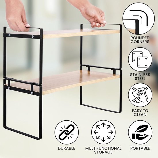 Desktop Organiser Shelf - Stackable Wooden 2-Tier Storage Rack for Home ...