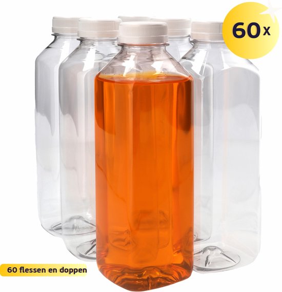 60 x Sapfles Plastic 750 ml - Vierkant - PET Flessen met Dop wit ...