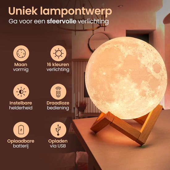 Maanlamp - Maan lamp - Maanlampje - Nachtlamp - 15 cm - 3D geprint - 16 ...