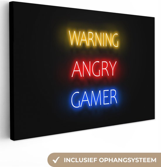 Canvas schilderij 120x80 cm - Wanddecoratie Gaming - Quotes - Warning ...