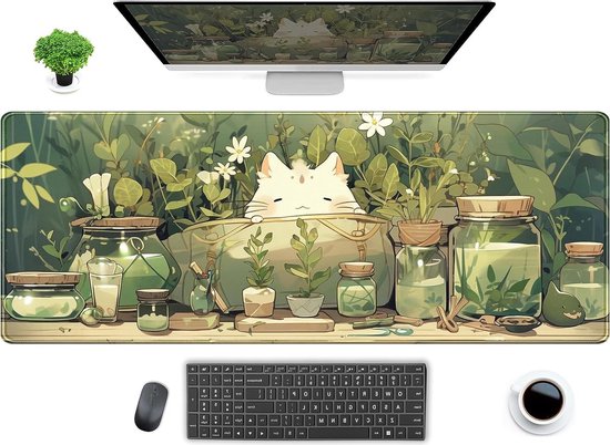 Witte Kat Anime Groene Bladeren Bureaumat XL - Leuke Kawaii Muismat ...