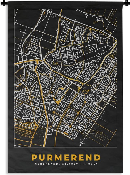 Wandkleed - Wanddoek - Plattegrond - Purmerend - Goud - Zwart - 90x135 ...
