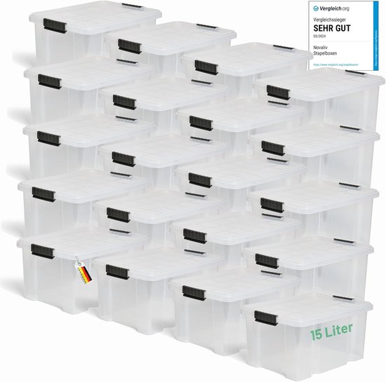 Novaliv 20x opbergdozen met deksel 15L transparant nestbaar stapelbaar ...