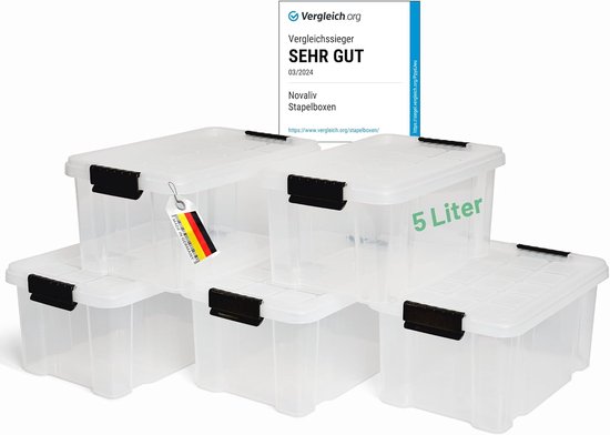 Novaliv 5x opbergdozen met deksel 5L transparant nestbaar stapelbaar ...
