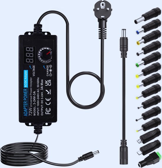 Universele 3V-24V 72W Regelbare Voeding Met 14 Adapterstekkers Voor LED ...