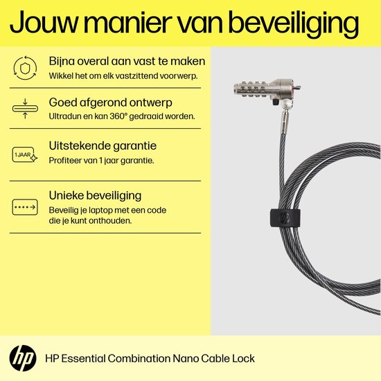 HP Laptopslot Essential Nano Combo Cab Lk - 1.83 m staalkabel - 18 mm | bol
