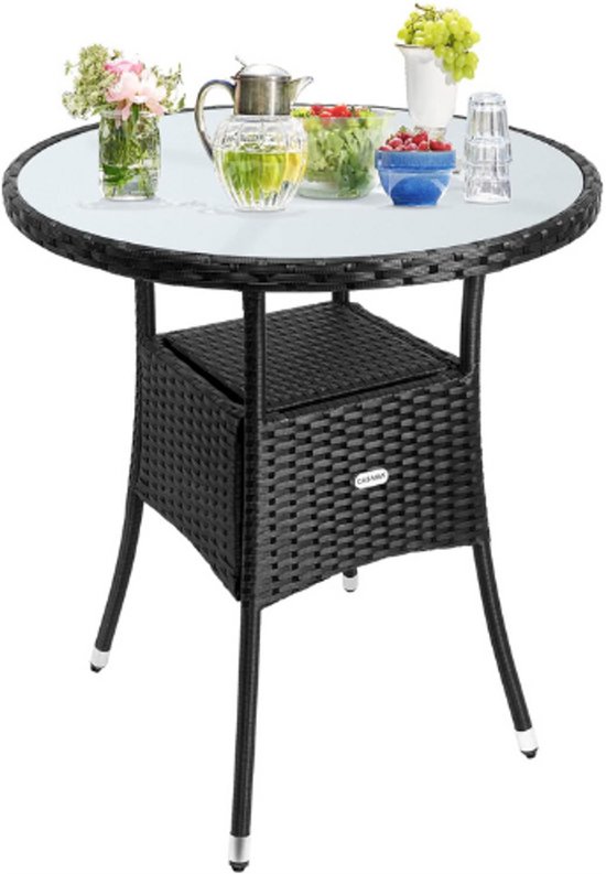 Ronde-Tuintafel-60x74cm-Polyrattan-Zwart-Bijzettafel-Met-Glasplaat ...