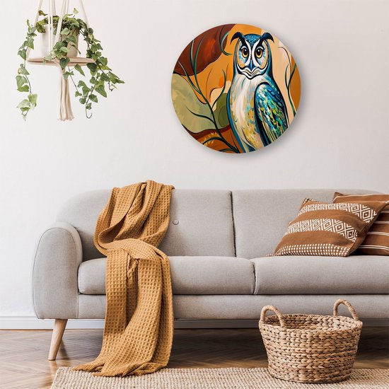 Expressieve uil met organische vormen - Uil schilderij rond - Ronde ...