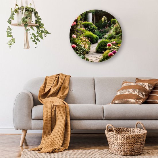 Weelderige tuin met bloemenpracht - Tuin schilderij rond - Ronde wandprint planten -... | bol