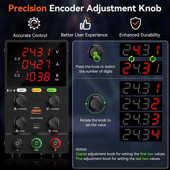 Voeding - Omvormer - Encoderknop - Regelbare DC-voeding - USB-A USB-C ...