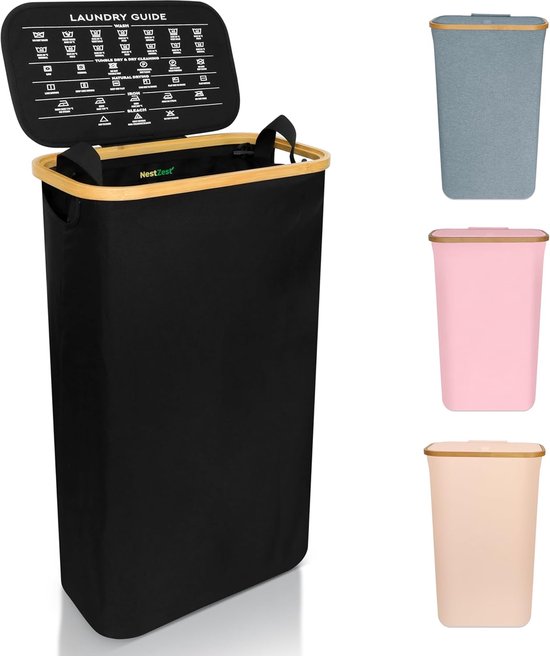 Slanke wasmand met deksel en afneembare binnenwaszak - 60 liter (zwart) | bol