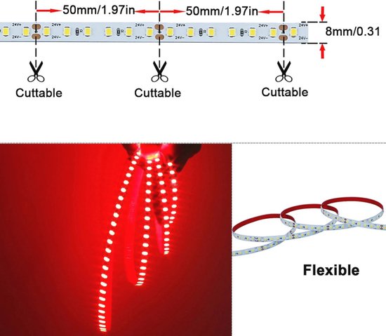 10M Flexibele LED Strip Rood - 24V SMD2835 120 LED/M voor Decoratie | bol