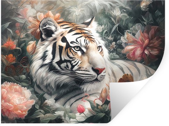 Muurstickers - Sticker Folie - Tijger - Wilde dieren - Bloemen - Jungle - 80x60 cm -... | bol