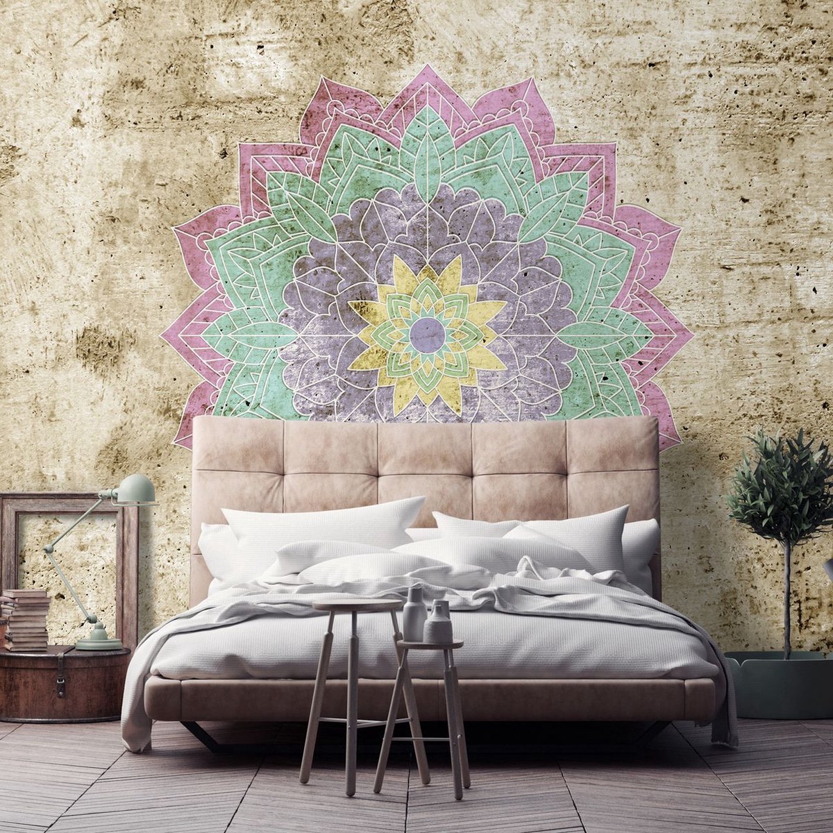 Fotobehang - Vlies Behang - Mandala op Betonnen Muur - 312 x 219 cm | bol