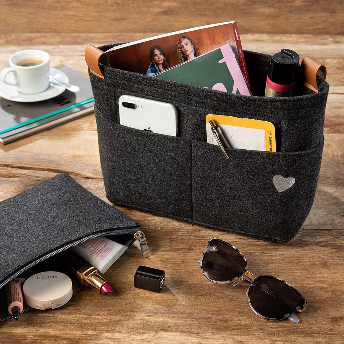 Tasorganizer van vilt met ritssluiting, tas-in-bag, zakmap met vakken ...