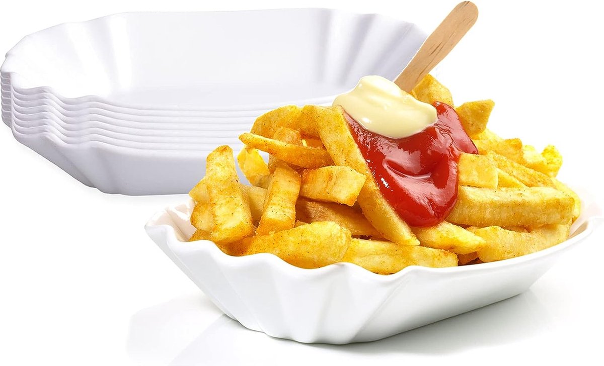 Set van 8 frietjes van porselein 19,5 cm - wit - curryworstschaal friet ...