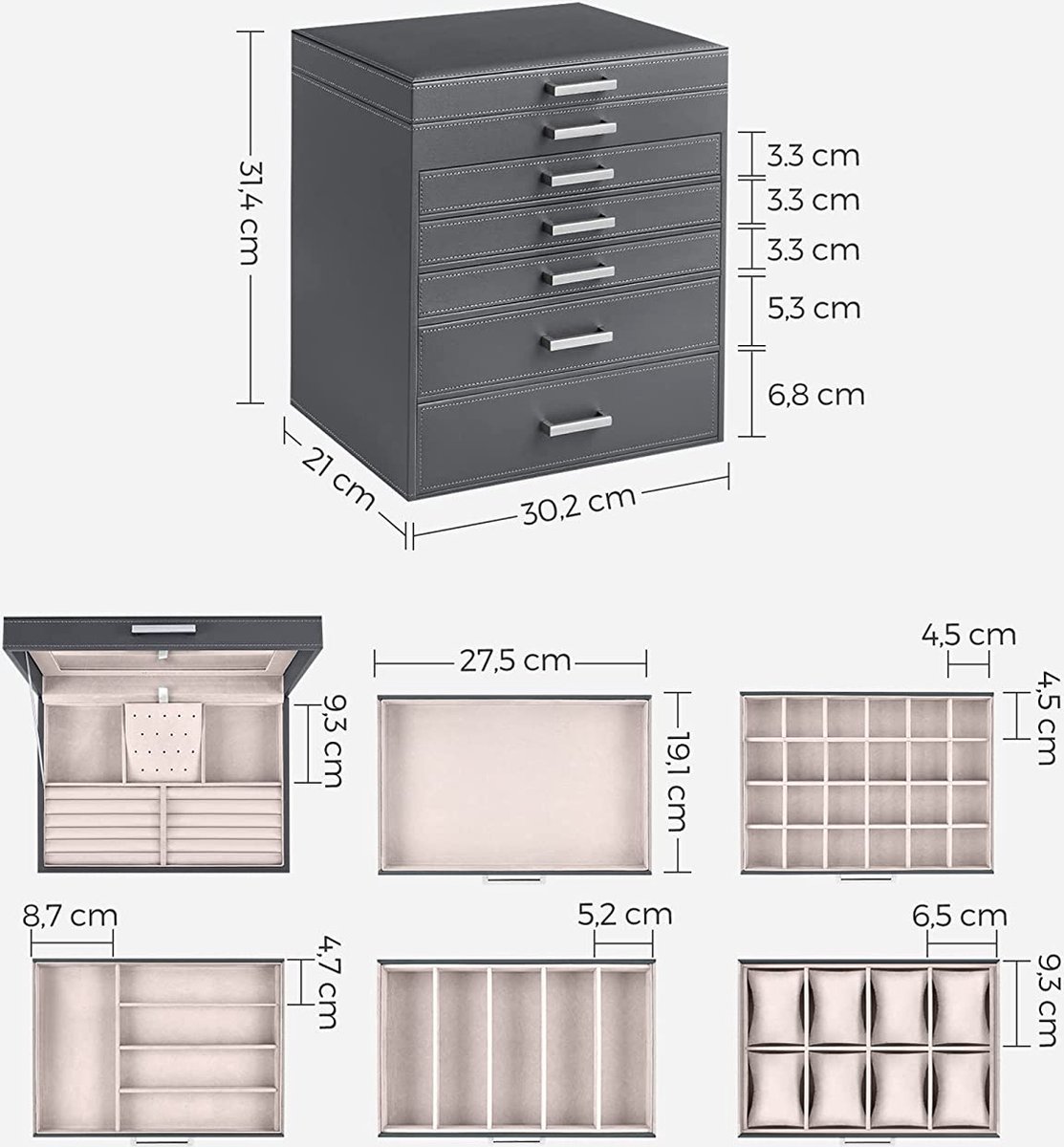 Sieradendoos, grote sieradendoos met 6 niveaus, sieradendoos met laden ...