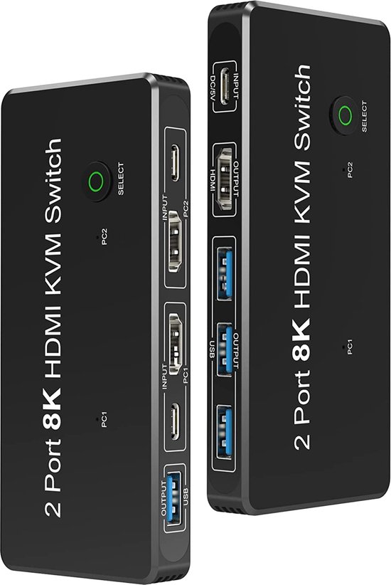 NÖRDIC KVM-113 KVM Switch - 2 naar 1 - USB-C, HDMI2.1, USB3.0 - 8K60Hz - HDCP2.3 - Zwart | bol