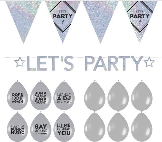 Let's Party Feest Versiering pakket - Zilver - Ballonnen - Vlaggen ...