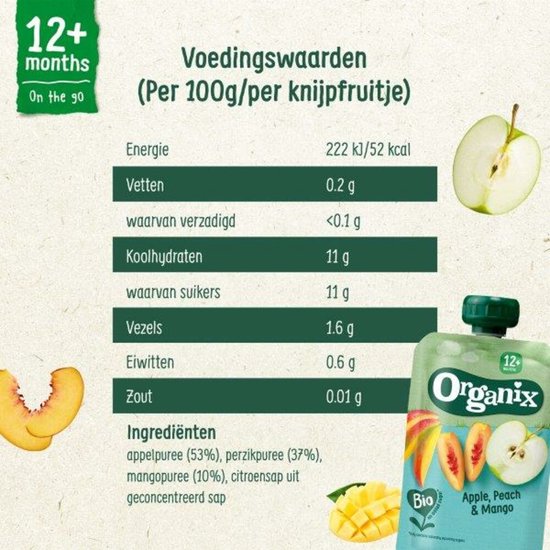 Organix Knijpfruit 12+m Appel, Perzik & Mango 100 gr - 6x 100 gr ...