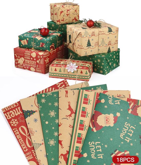 Kerstpapier Set - 18 Vellen 70x50 cm Gerecycled Kraftpapier voor ...