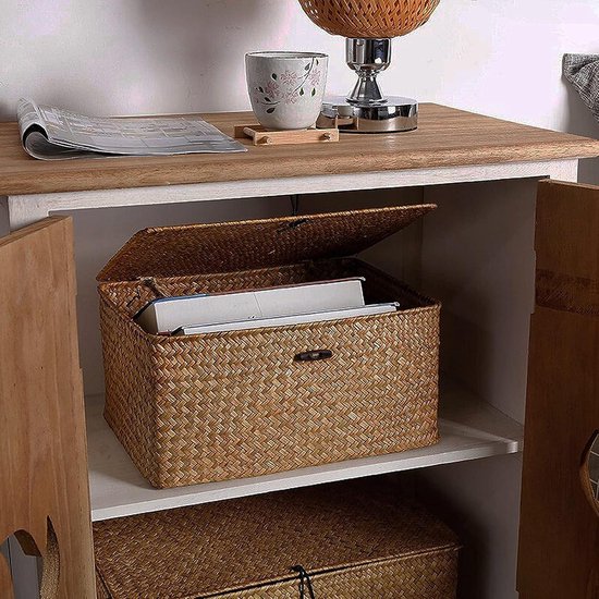 Rieten mand met deksel Sweet Living Seagrass opbergmand rotan ...