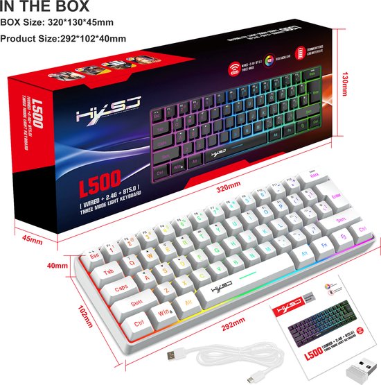 HXSJ L500 - Draadloze Gaming Toetsenbord - RGB - Tri mode - Qwerty ...