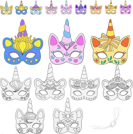 Unicorn Kinder Masker Set - 9 Stuks Papieren Dierenmaskers - DIY ...
