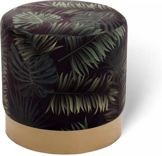 LIFA LIVING Poef Beau - Palmblad Print - Zwart & Goud - Jungle - Rond ...