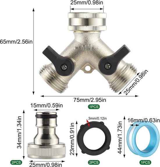 2-weg Y verdeler 3/4 inch voor kranen met onafhankelijke aan/uit ventielen | bol