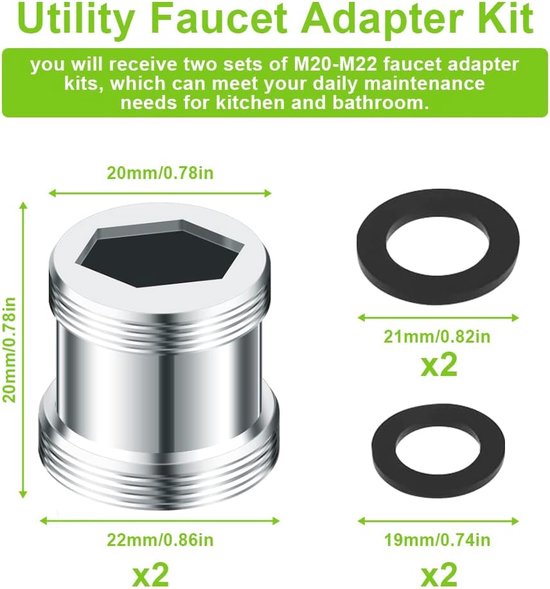 Metalen kraanadapter set - Verlengstuk van 20 mm naar 22 mm voor kranen met pakkingen | bol
