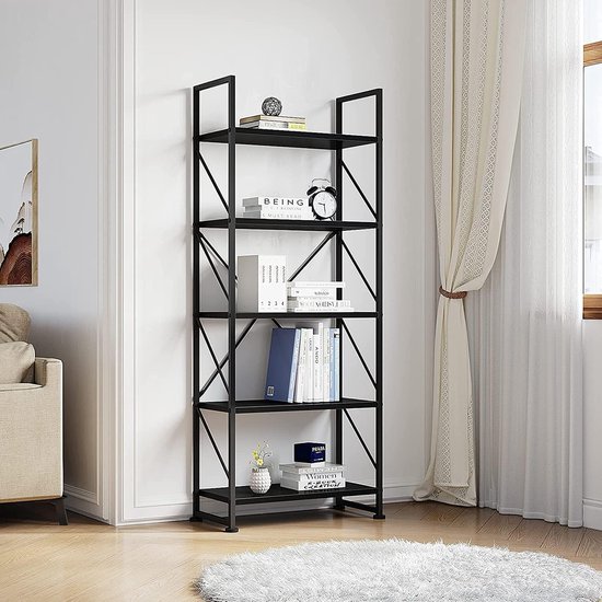 Boekenkast met 5 niveaus, staand boekenrek, houten rek en metalen frame ...