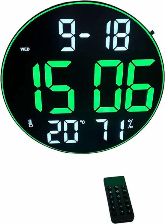Grote Luxe led klok 25 cm rond Bright light (Groen/Wit) | bol