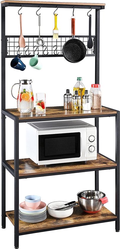 Bakkersrek, keukenrek, 3 planken van hout, staand rek met metalen frame ...