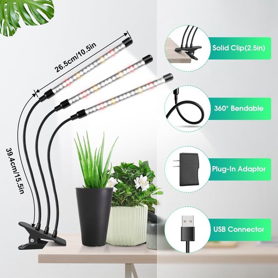 Full Spectrum 6000K 3 Head LED Grow Lights- Indoor Plant Lights with ...