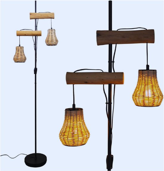 2TFL Staande Lamp HLY, Hout Boho Staande Lamp, Metaal/Hout in Zwart ...