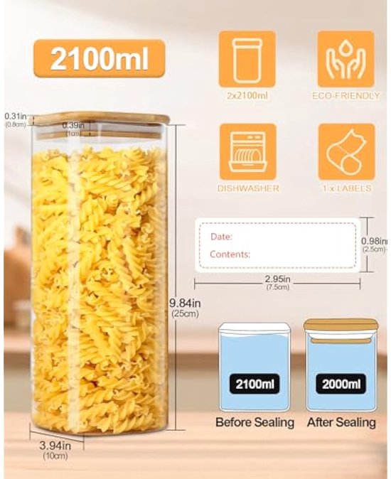 Vierkant Voorraadpotten met deksels set van 2, 2100 ml Glazen voorraadpotten met... | bol