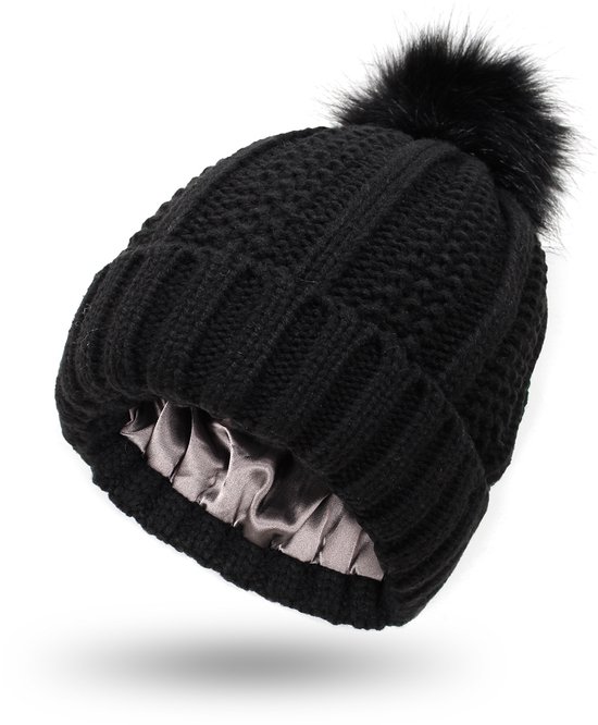 Dames winter losse warme gebreide muts met pompon satijnen voering ...