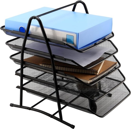 5 Tier Office File Tray - A4 Desk Tidy Organizer - Black Mesh Drawer ...