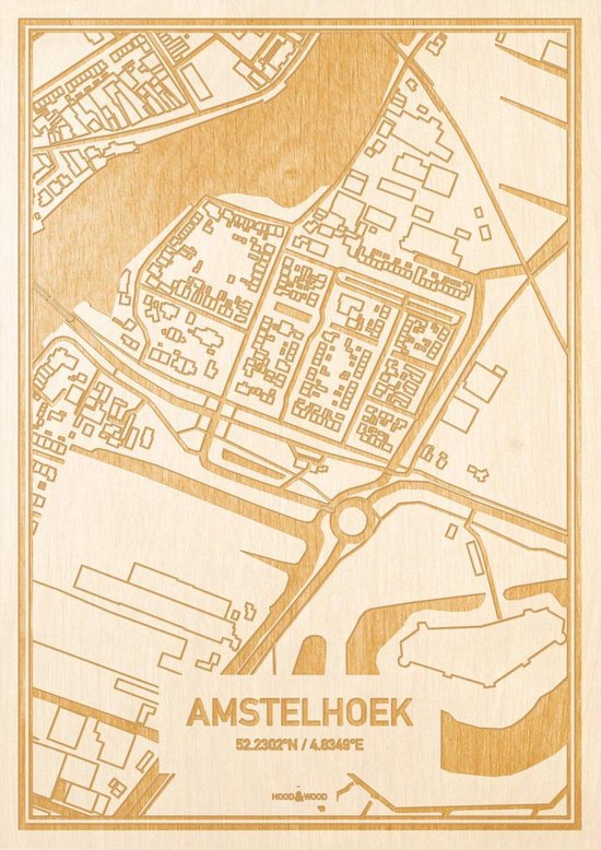 Kaart Amstelhoek - Gegraveerde stadskaart Hood&Wood - Hout, A4 | bol.com