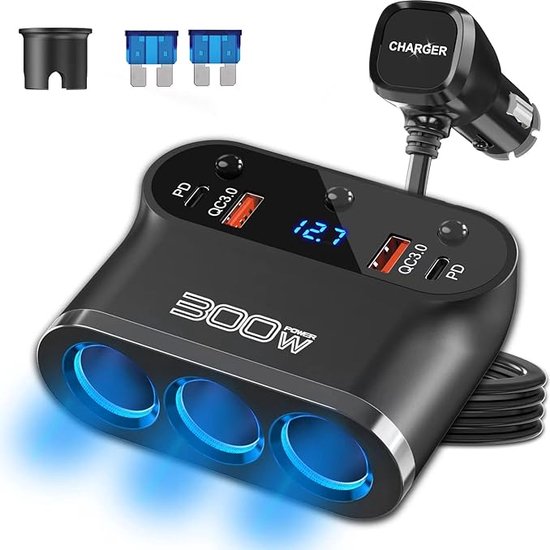 300W 12 Volt Multi Socket Cigarette Lighter Autolader Splitter: 7 in 1 Auto USB... | bol