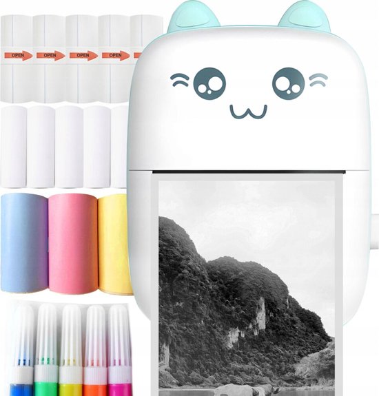 18 in 1 mini draagbare printer set cat - draadloos - blauw - inclusief ...