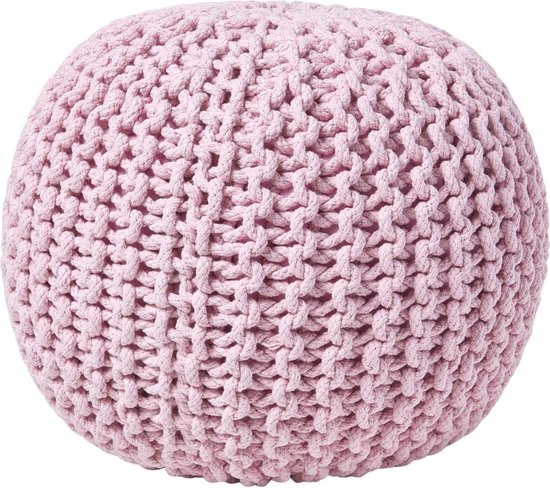 Homescapes Rond gebreide poef 100% katoen - Pastel Roze - 35x40 cm | bol