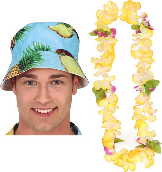 Tropische Hawaii party verkleedset - bucket hoedje - met bloemenslinger ...