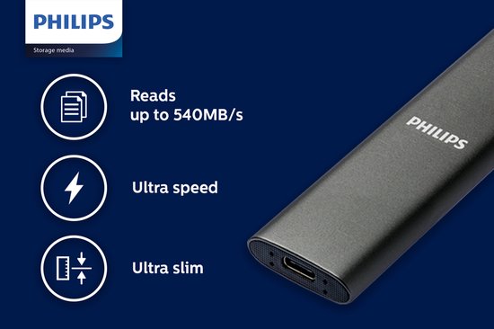 Philips externe SSD - 2TB - USB-C - Slim SATA Ultra Speed - tot 500 MB ...