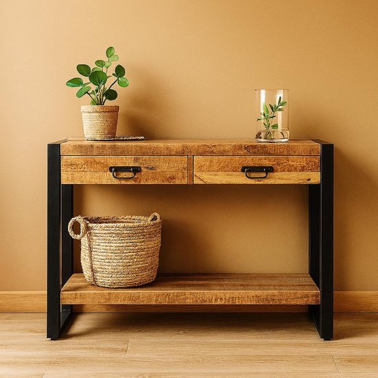 Sidetable Industrieel Mangohout en Staal - 120 cm x 35 cm x 76 cm ...