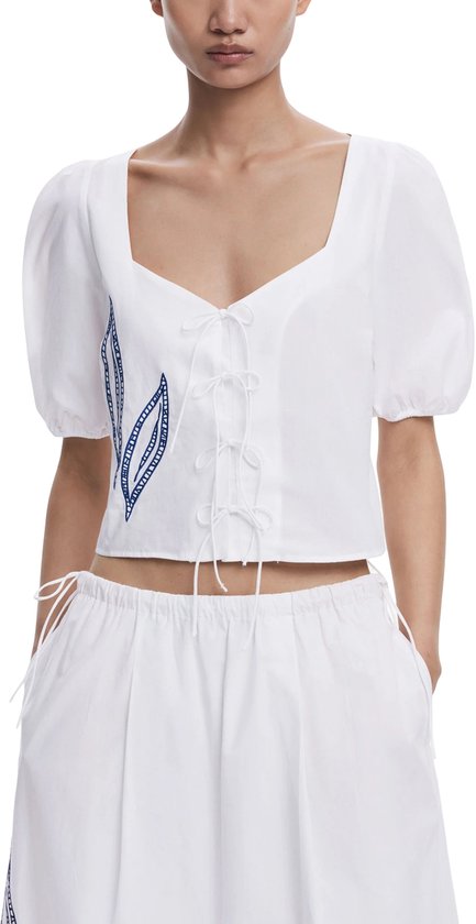 Crop Embroidered Tie Top Wo - White Blouses | bol