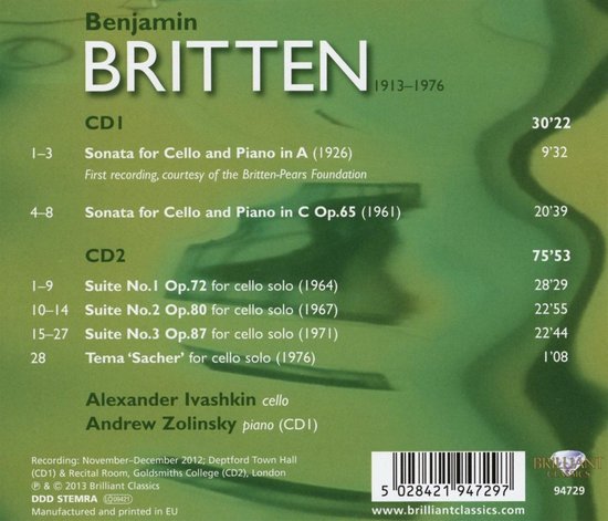 Britten: Complete Music For Cello Solo And Cello A, Andrew Zolinsky ...