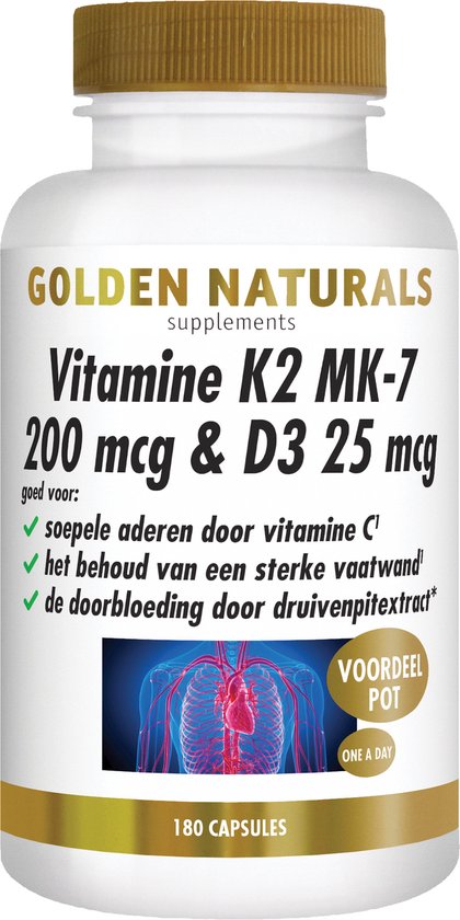 Golden Naturals Vitamine K2 MK-7 200 mcg & D3 25 mcg (180 vegetarische capsules) | bol