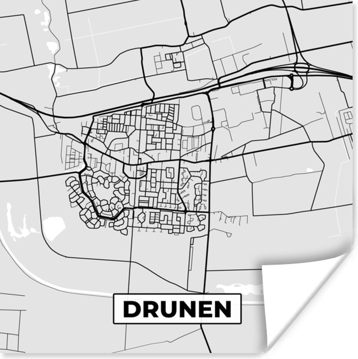 Poster Drunen - Zwart Wit - Stadskaart - Kaart - Plattegrond ...